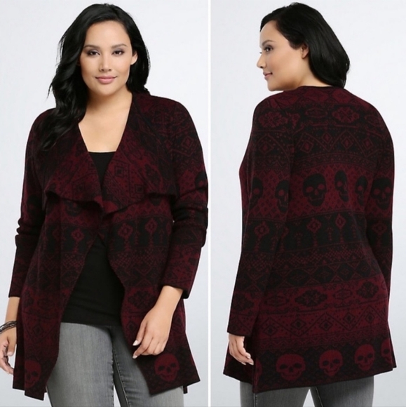 torrid | Sweaters | Torrid Burgundy Skull Fair Isle Drape Cardigan Size ...